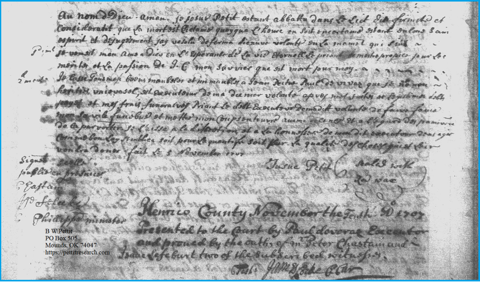 First Pettits in America -Joshua Pettit 1700 Waldensian Manakintown VA