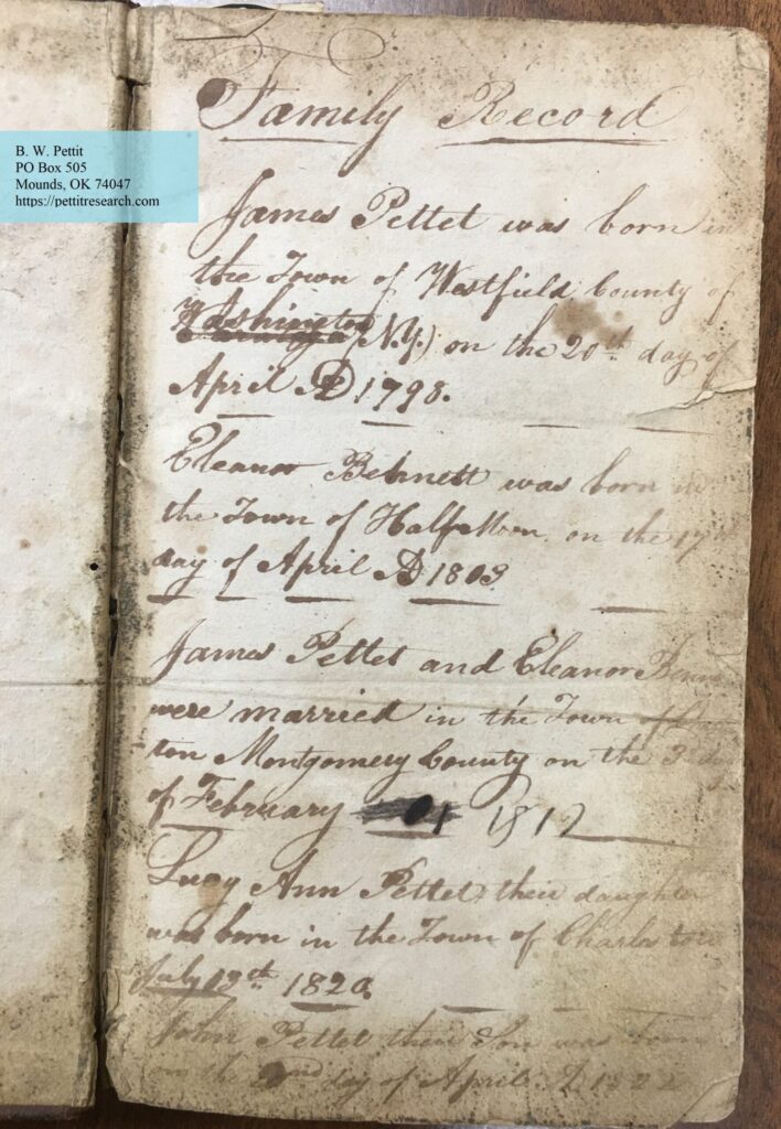 James Pettet Family Bible Record NY ~1798 wife Eleanore Bennett